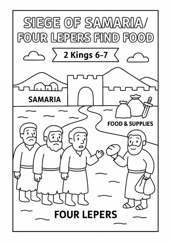 Siege of Samaria – Four Lepers Find Food – Free Bible Coloring Page for ...
