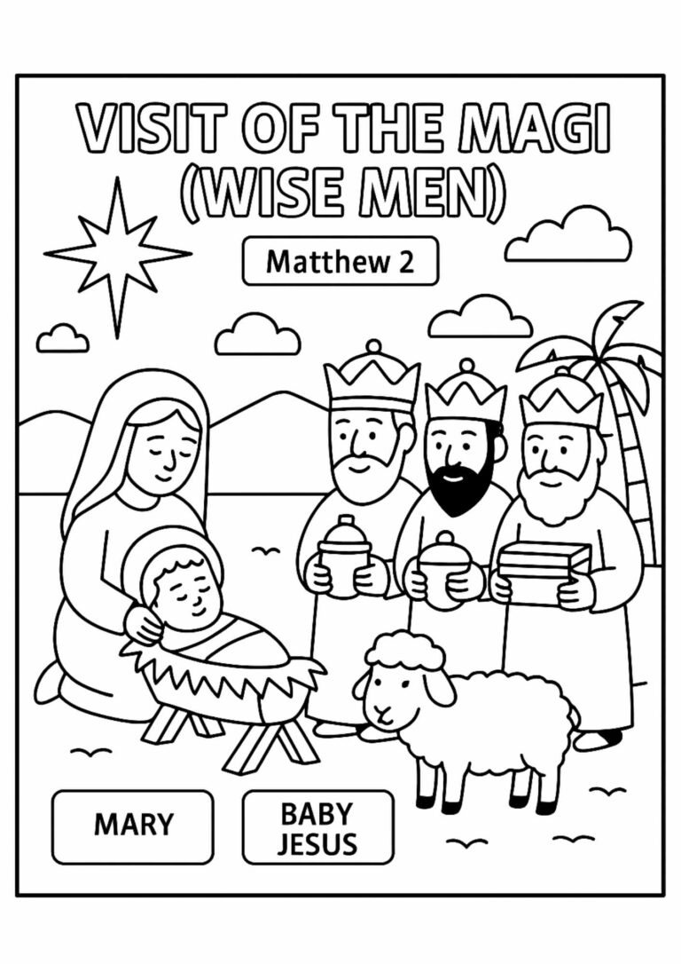 Visit of the Magi (Wise Men) – Free Bible Coloring Page for Kids (Matthew 2) - Free Bible Worksheets