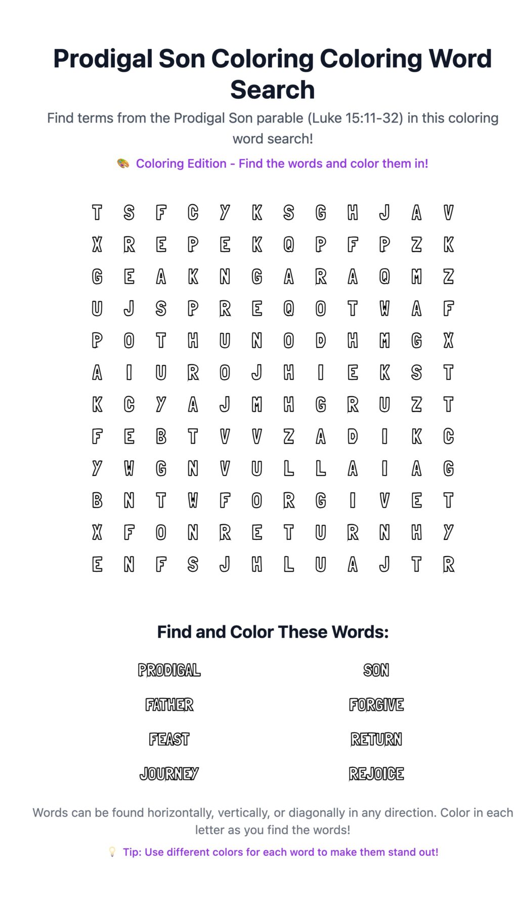 Prodigal Son Coloring Word Search - Free Bible Worksheets