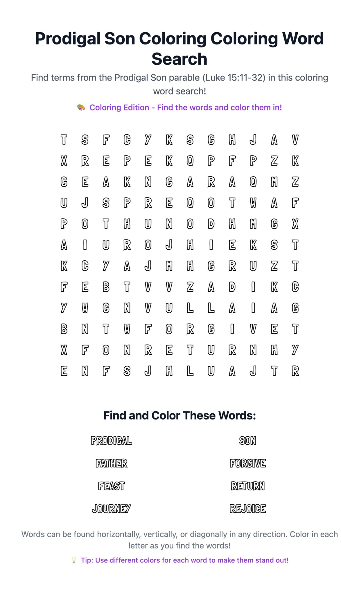 Prodigal Son Coloring Word Search - Free Bible Worksheets