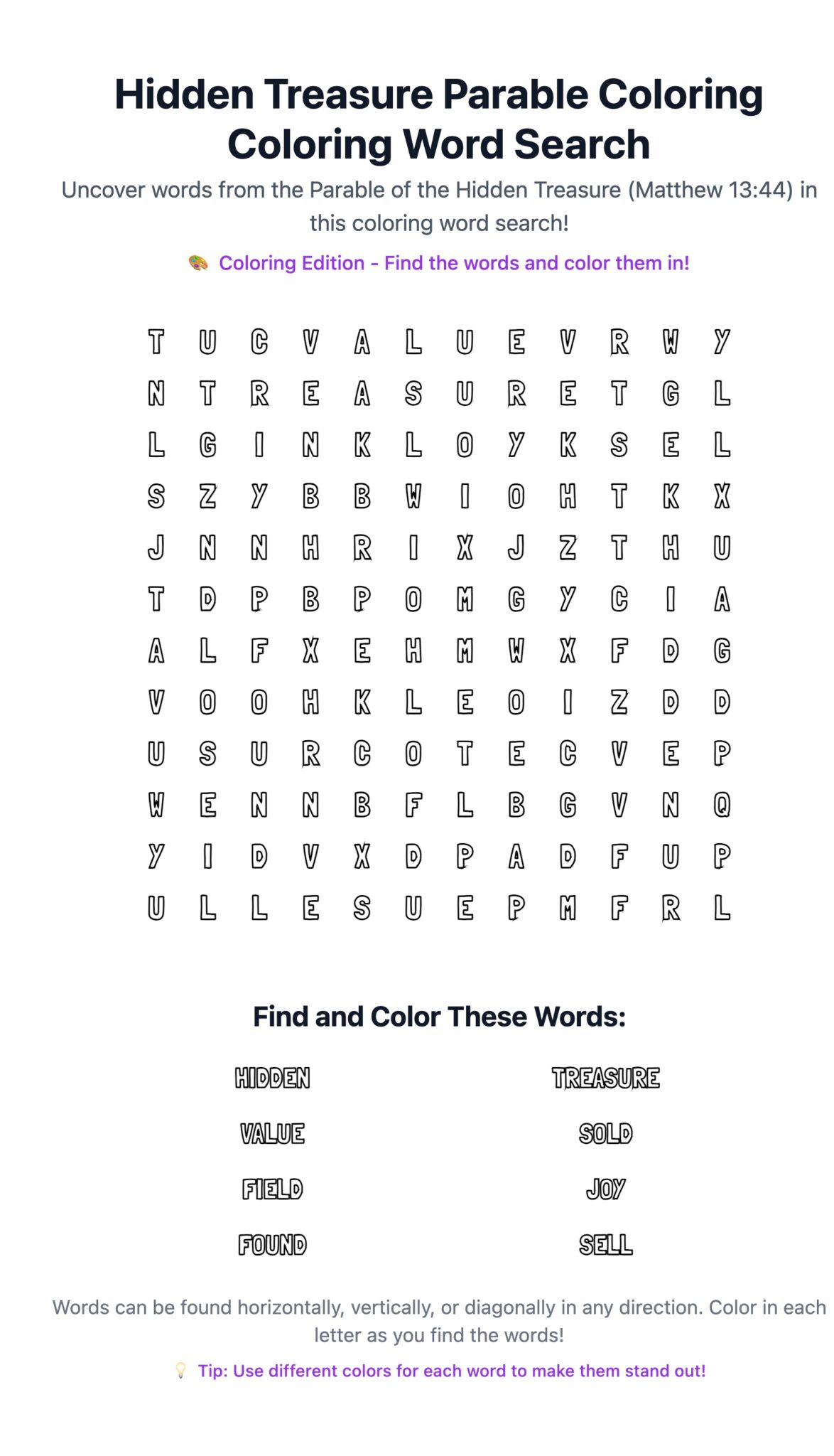 Hidden Treasure Parable Coloring Word Search - Free Bible Worksheets