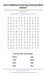 John’s Baptism Coloring Word Search - Free Bible Worksheets