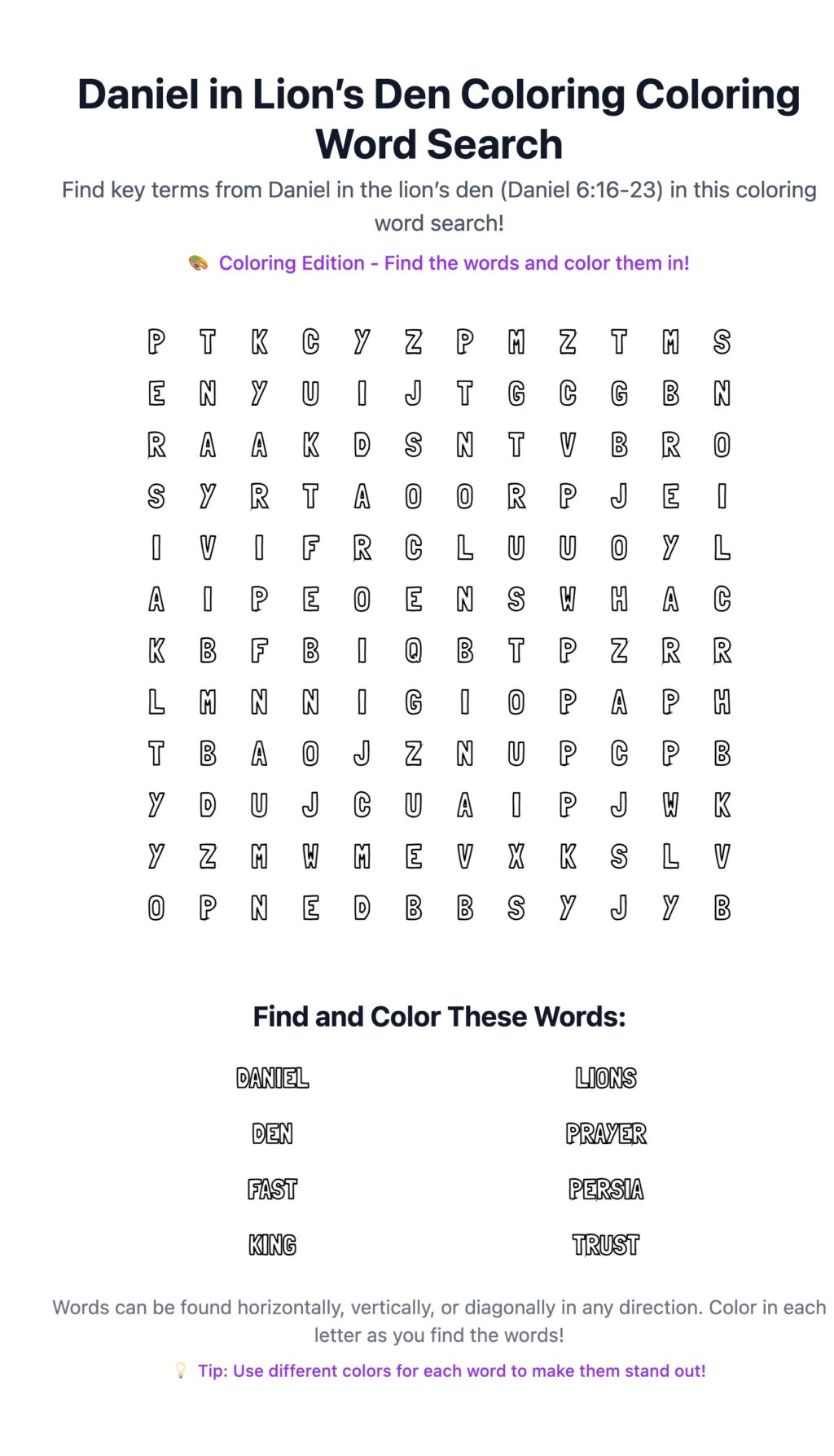Daniel in Lion’s Den Coloring Word Search - Free Bible Worksheets