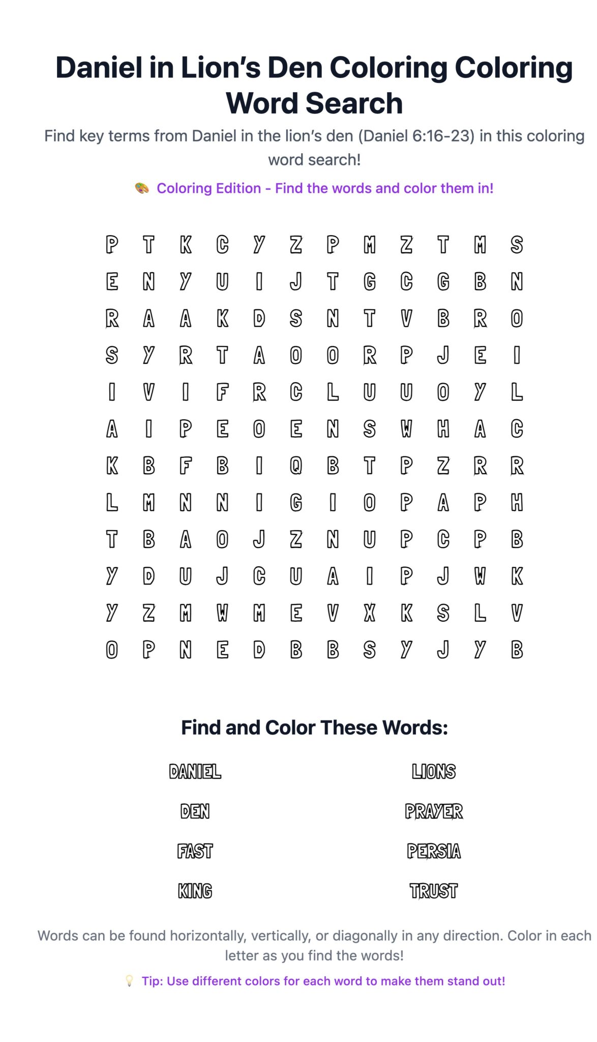 Daniel in Lion’s Den Coloring Word Search - Free Bible Worksheets