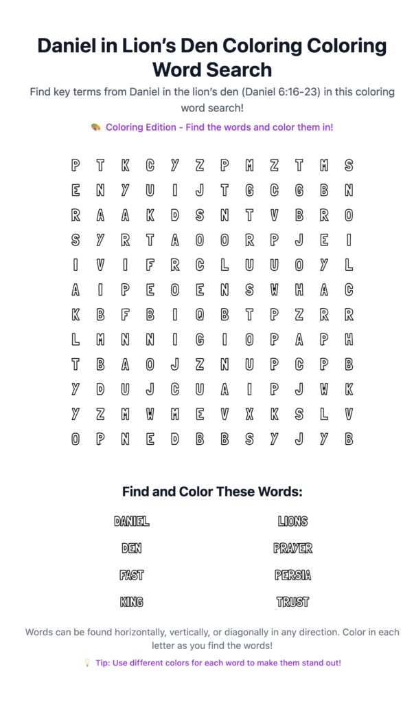 Daniel in Lion’s Den Coloring Word Search