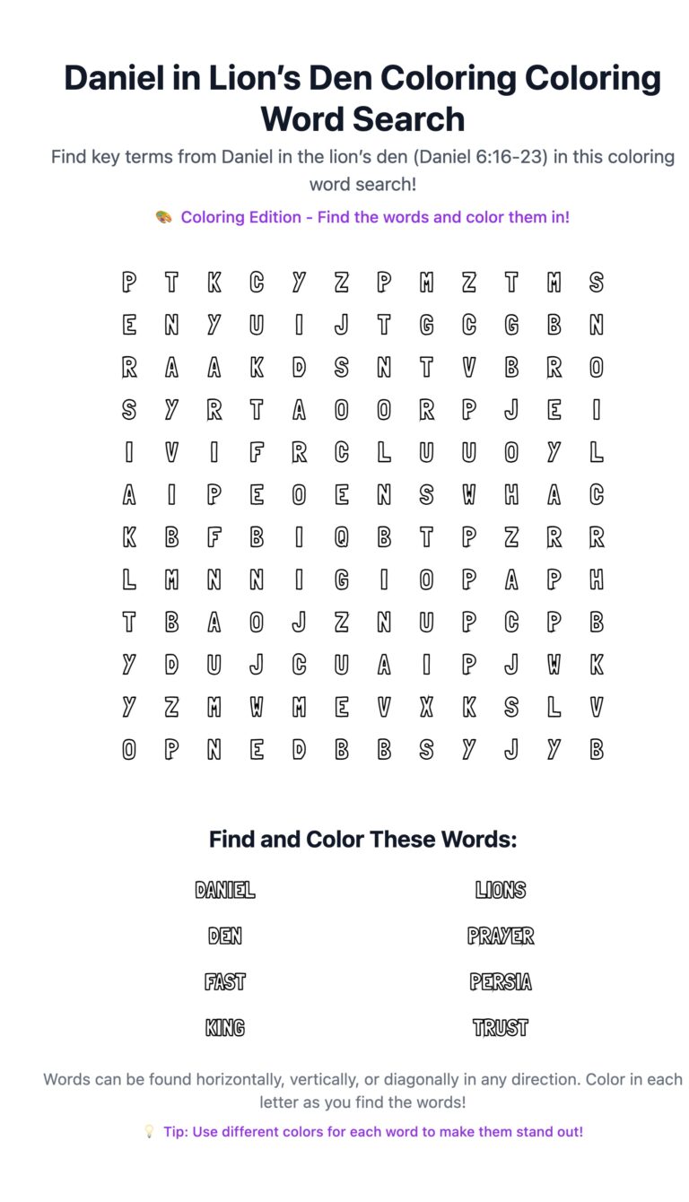 Daniel in Lion’s Den Coloring Word Search - Free Bible Worksheets