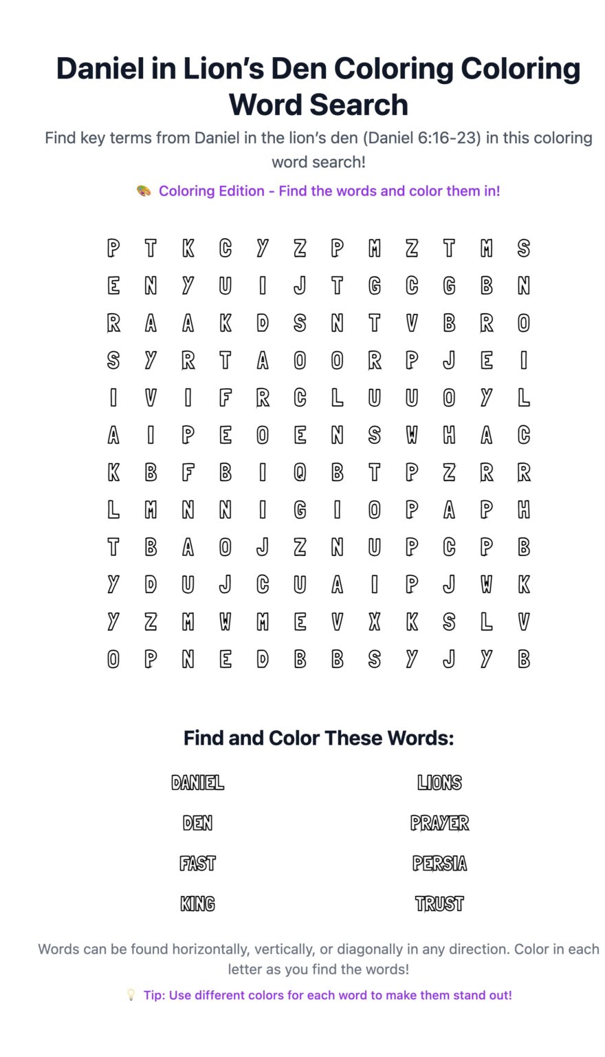 Daniel in Lion’s Den Coloring Word Search - Free Bible Worksheets