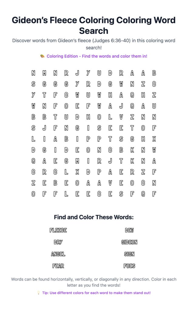 Gideon’s Fleece Coloring Word Search