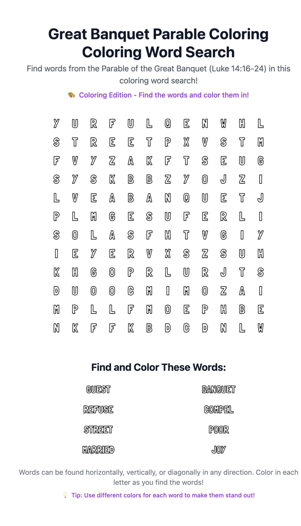 Great Banquet Parable Coloring Word Search
