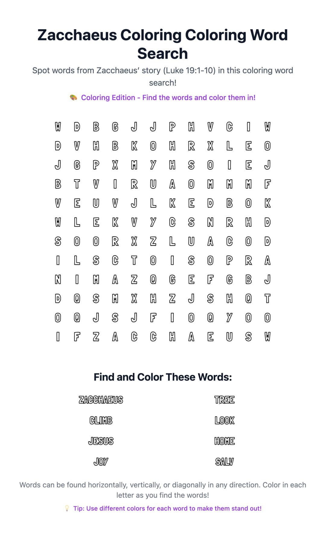 Zacchaeus Coloring Word Search
