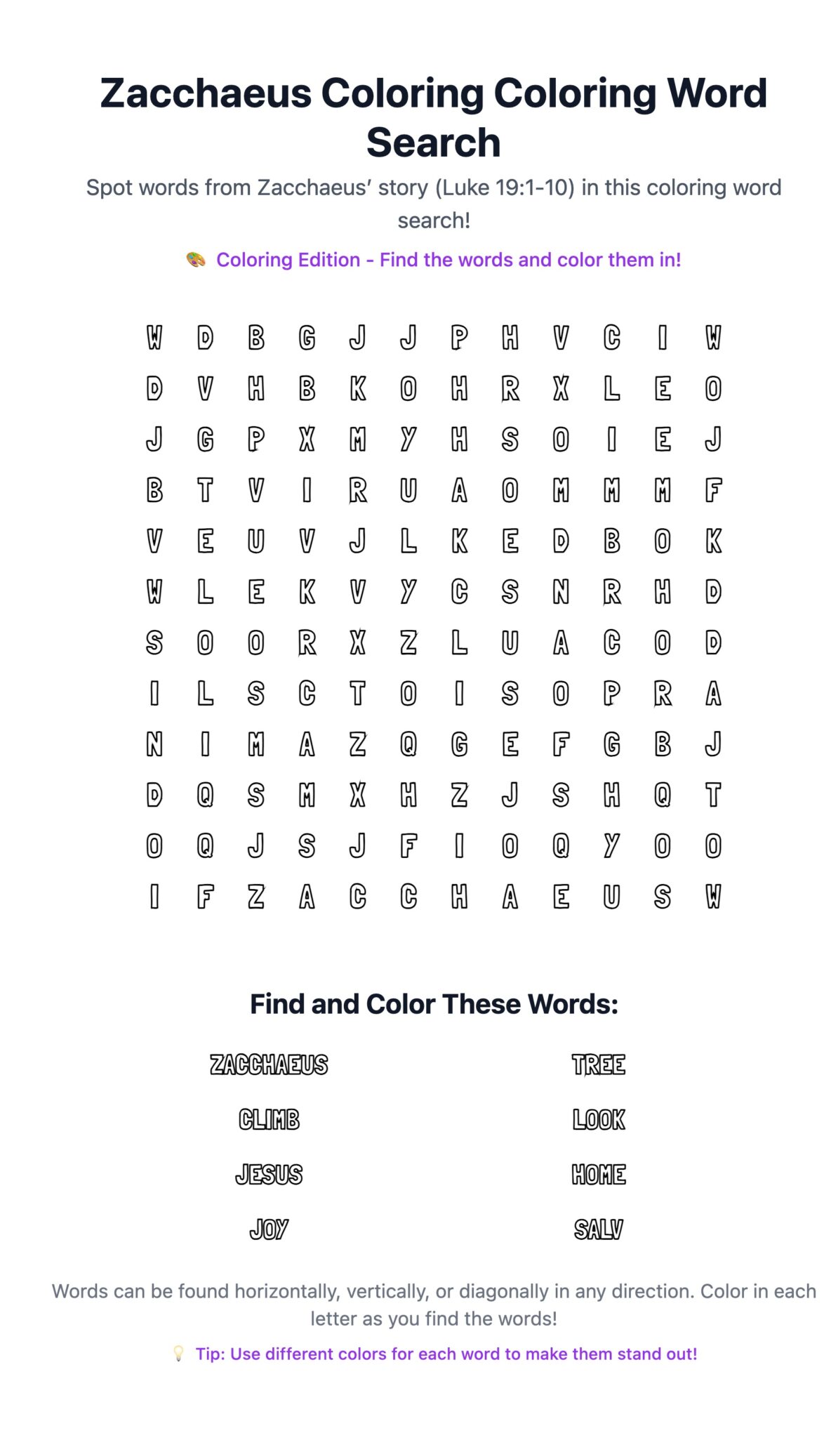 Zacchaeus Coloring Word Search