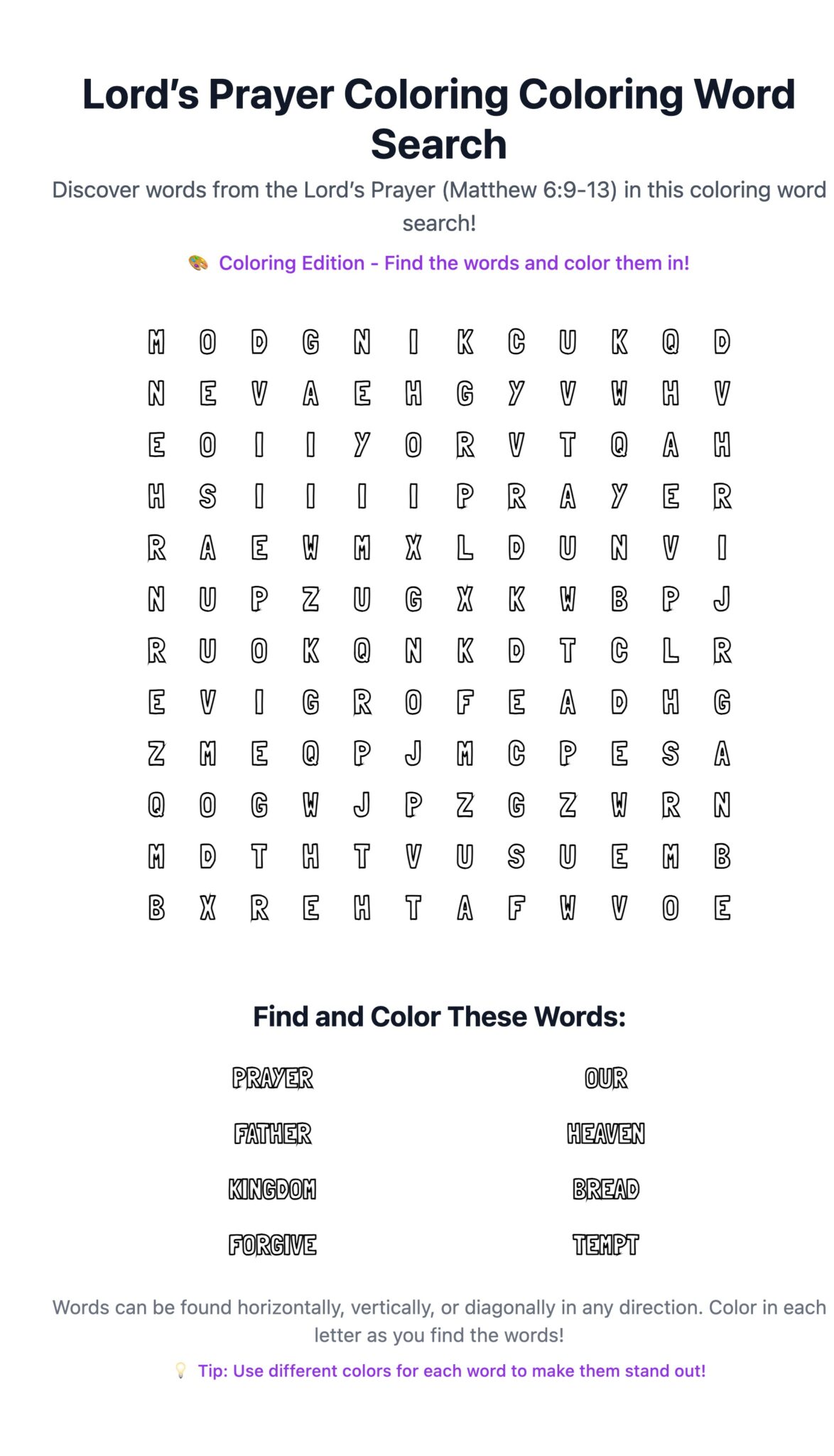 Lord’s Prayer Coloring Word Search - Free Bible Worksheets
