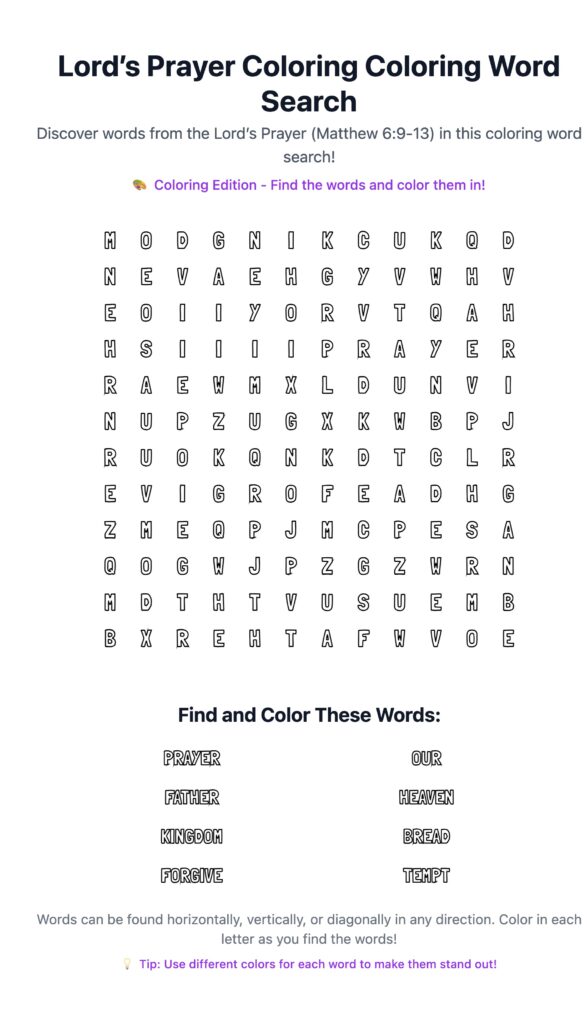 Lord’s Prayer Coloring Word Search - Free Bible Worksheets