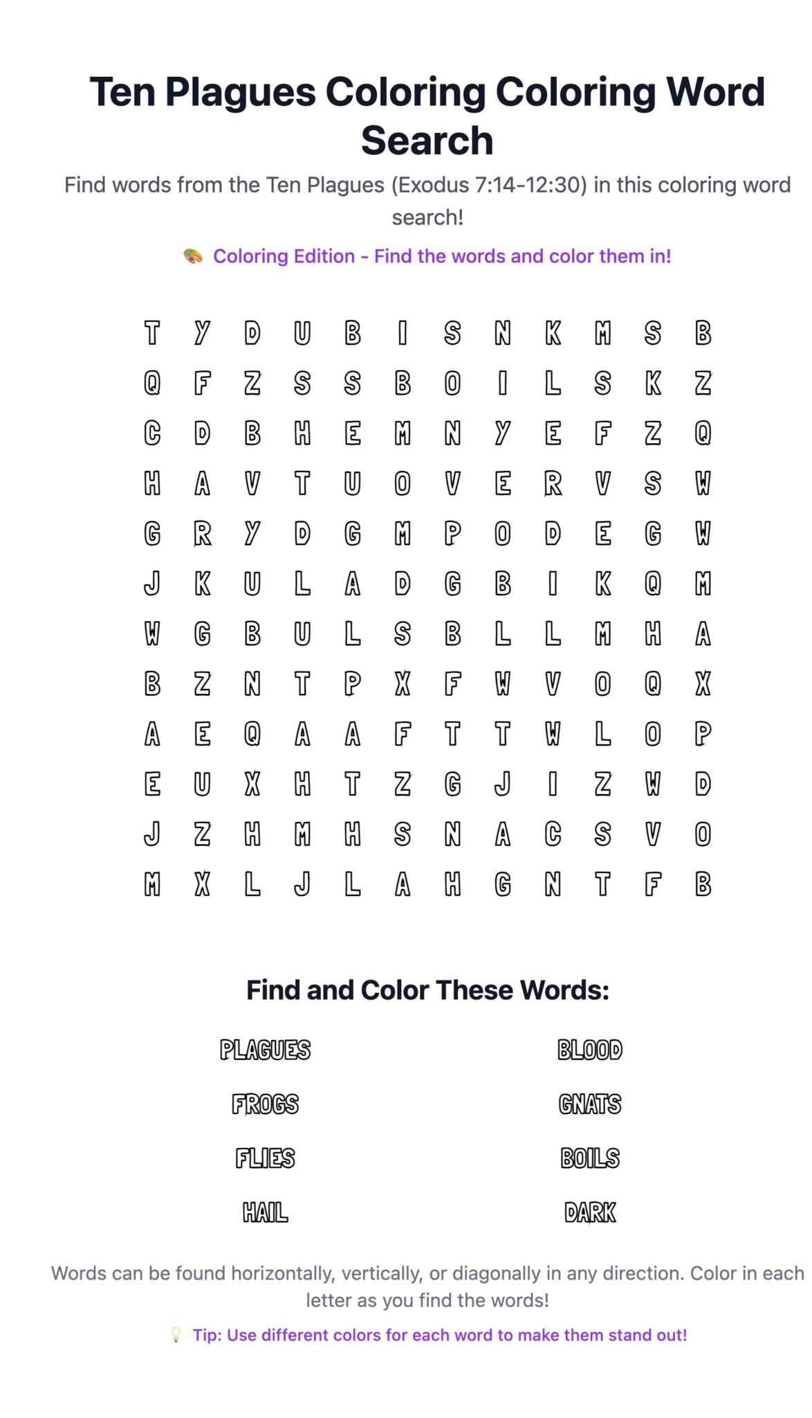 Ten Plagues Coloring Word Search