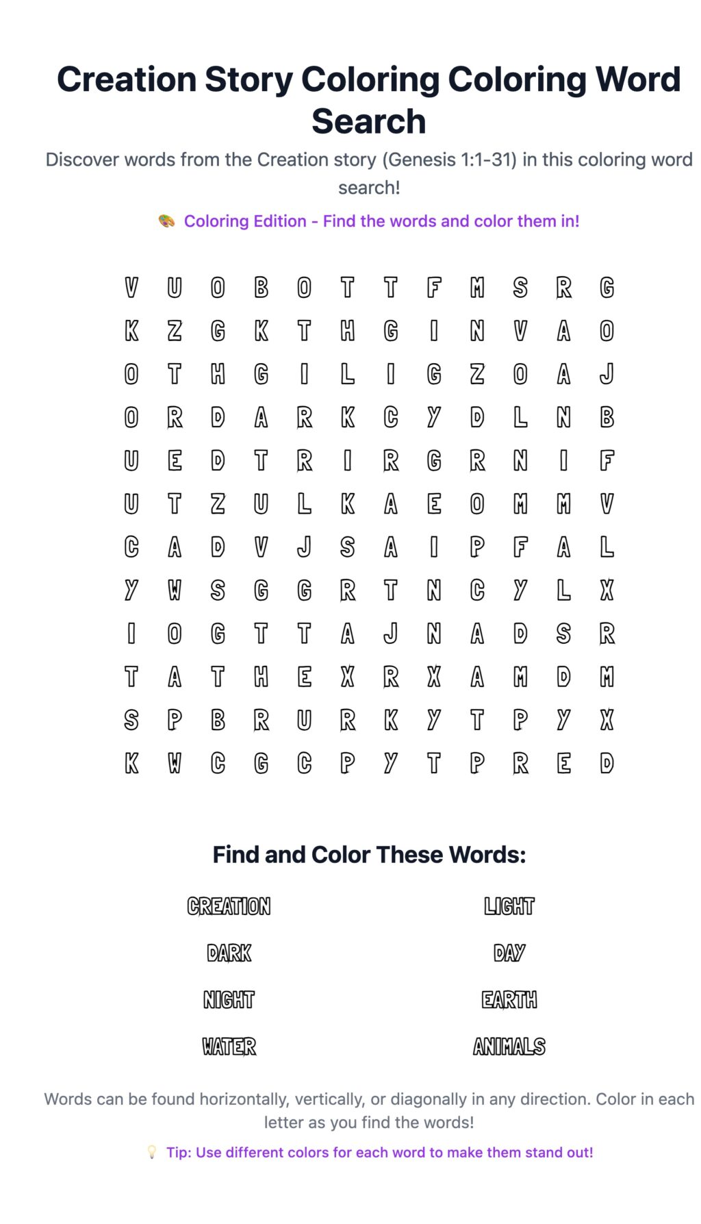 Creation Story Coloring Word Search