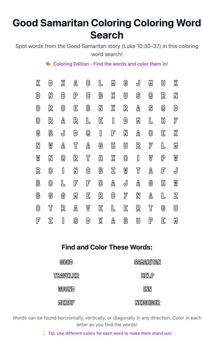 Good Samaritan Coloring Word Search - Free Bible Worksheets