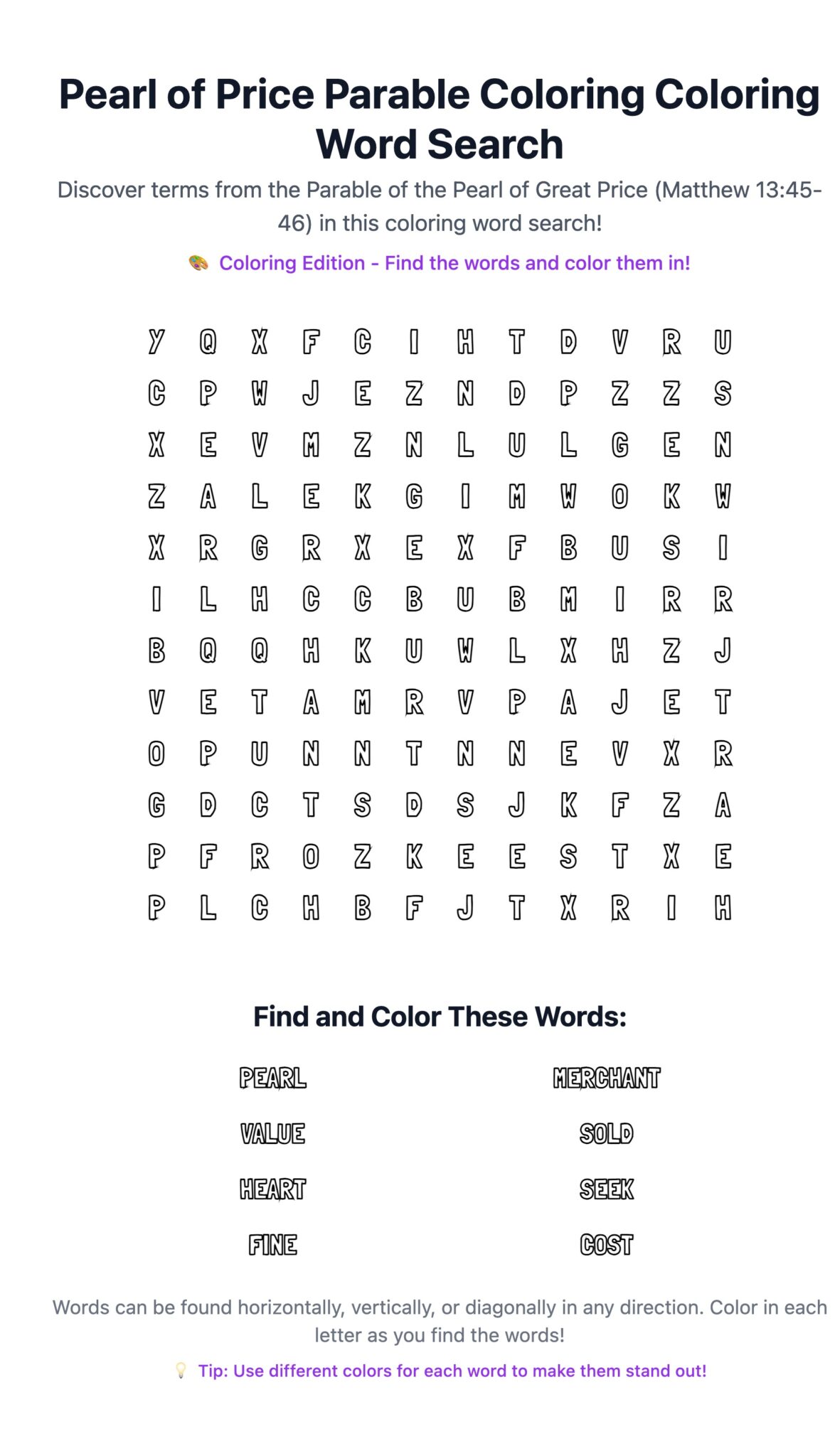 Pearl of Price Parable Coloring Word Search - Free Bible Worksheets