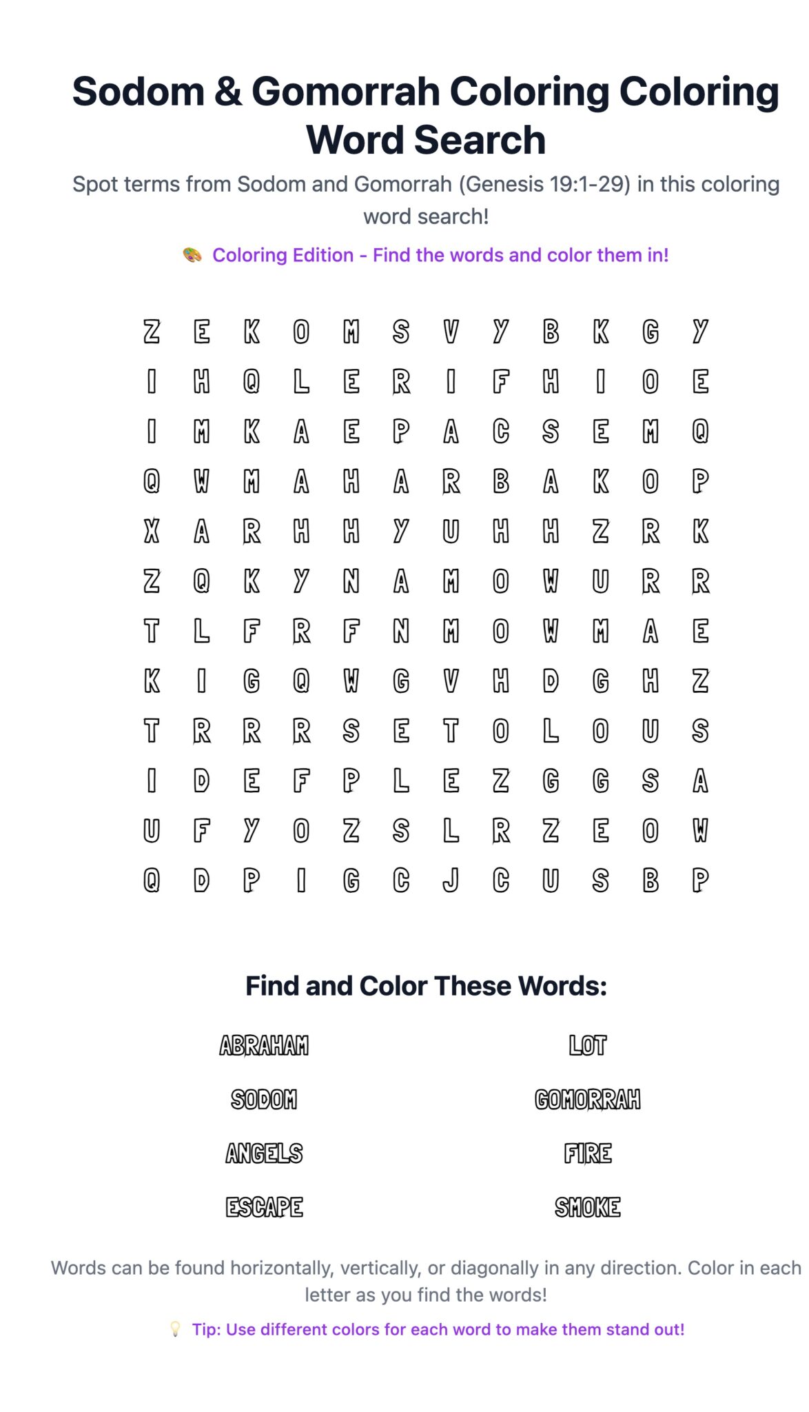 Sodom & Gomorrah Coloring Word Search