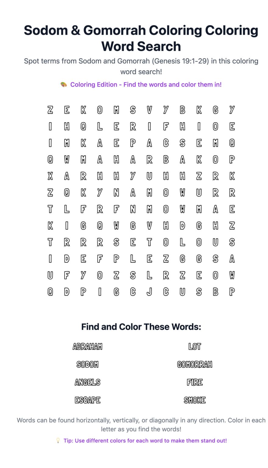Sodom & Gomorrah Coloring Word Search - Free Bible Worksheets