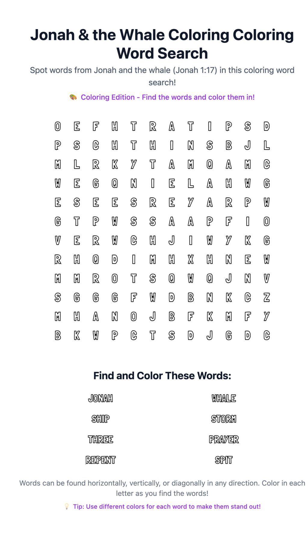 Jonah & the Whale Coloring Word Search