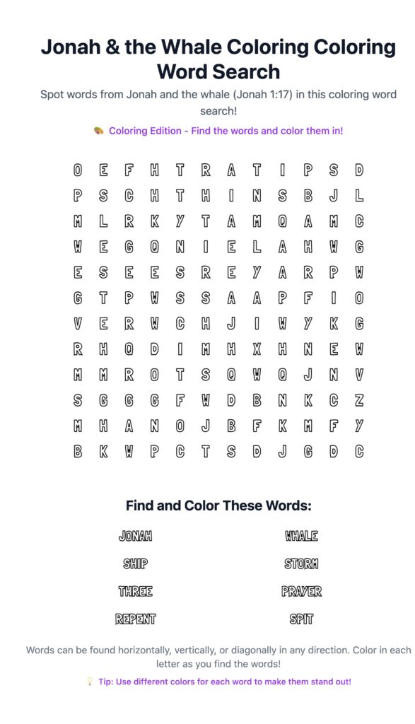 Jonah & the Whale Coloring Word Search - Free Bible Worksheets
