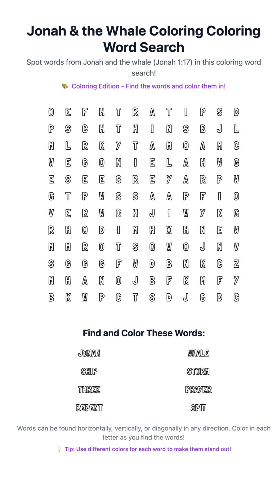 Jonah & the Whale Coloring Word Search
