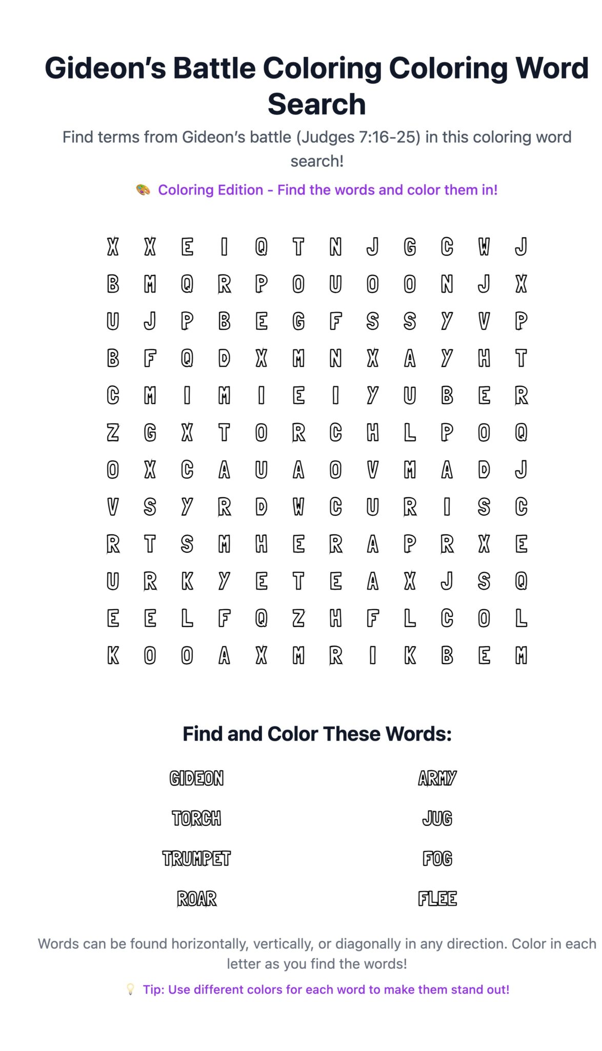 Gideon’s Battle Coloring Word Search - Free Bible Worksheets