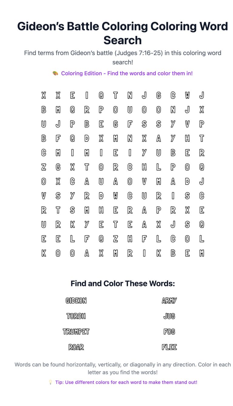 Gideon’s Battle Coloring Word Search - Free Bible Worksheets