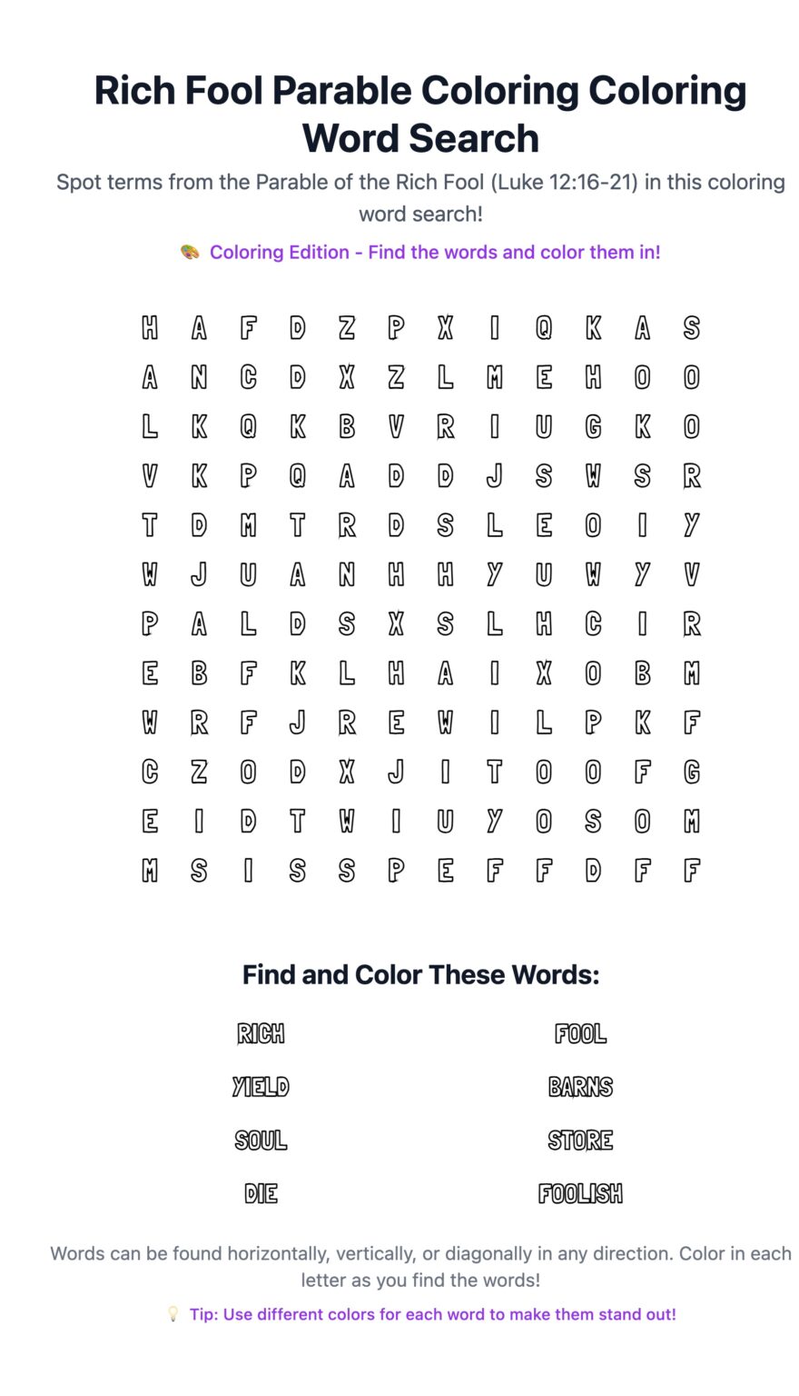 Rich Fool Parable Coloring Word Search