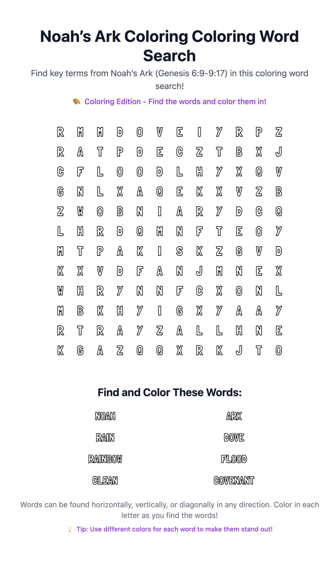 Noah’s Ark Coloring Word Search