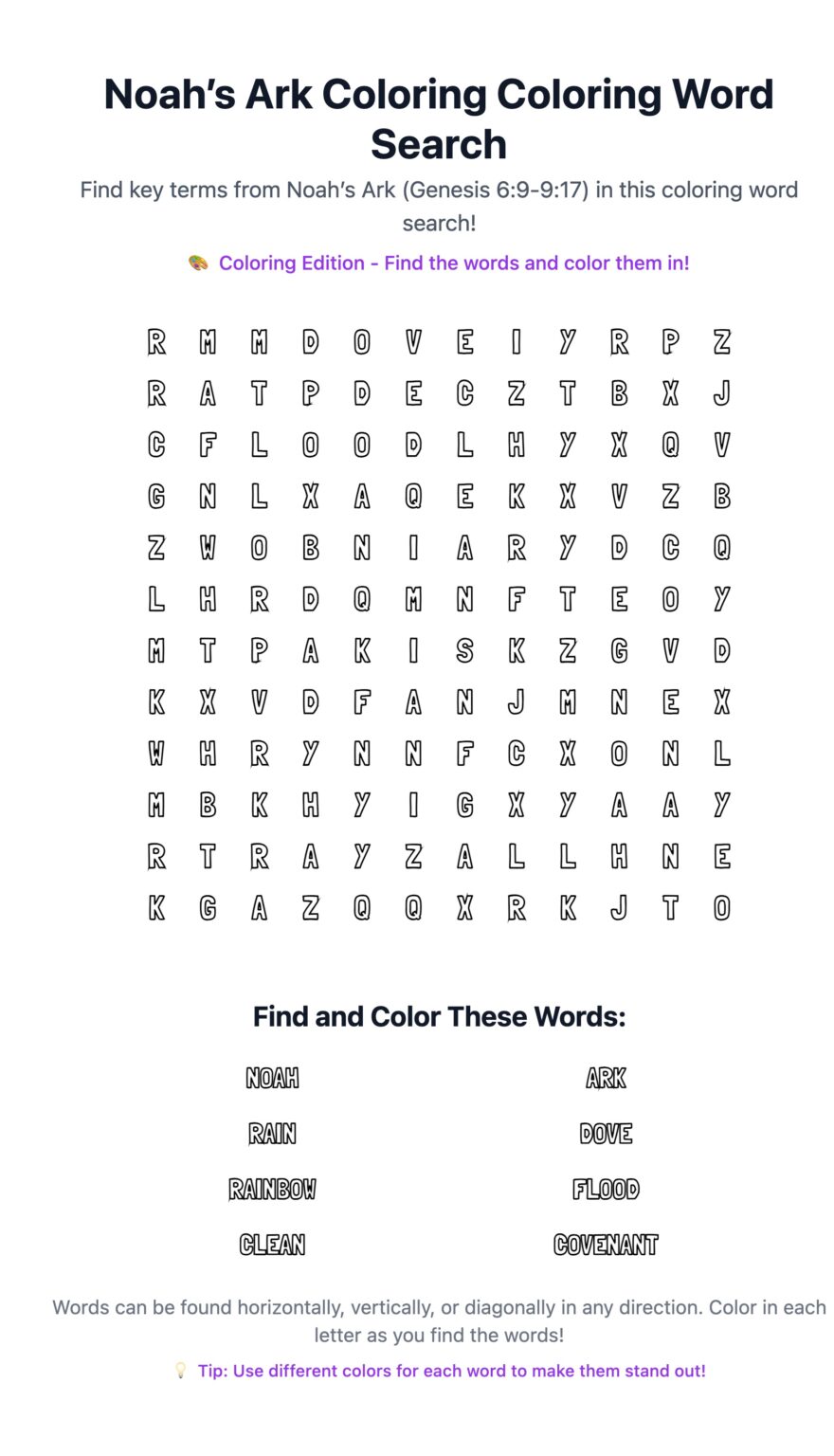 Noah’s Ark Coloring Word Search