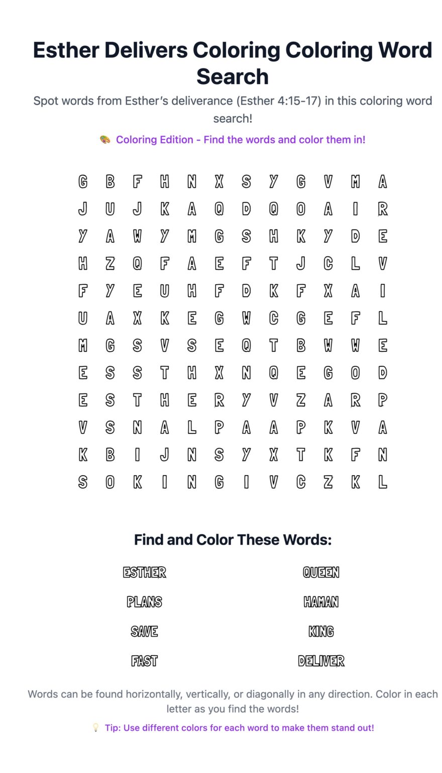 Esther Delivers Coloring Word Search