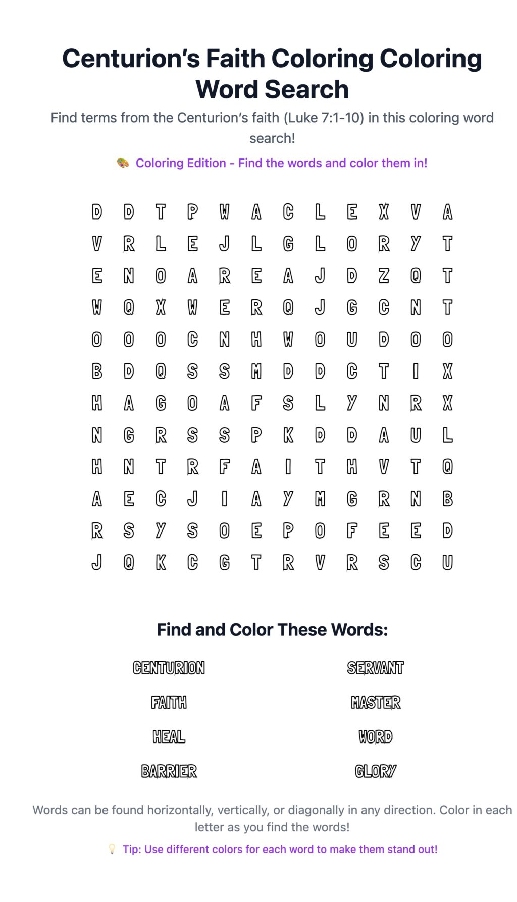 Centurion’s Faith Coloring Word Search