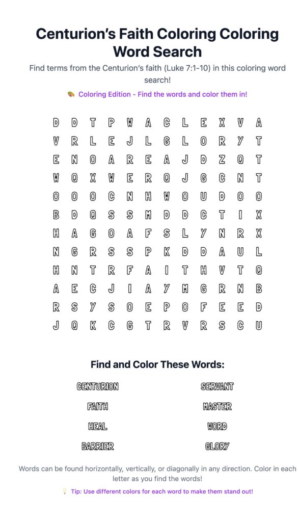 Centurion’s Faith Coloring Word Search - Free Bible Worksheets