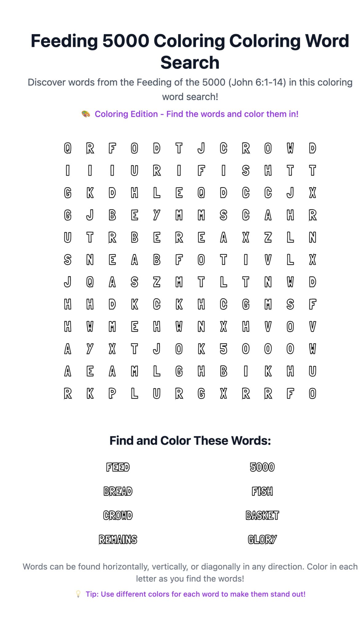 Feeding 5000 Coloring Word Search - Free Bible Worksheets