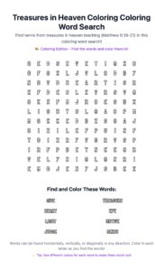 Treasures in Heaven Coloring Word Search - Free Bible Worksheets