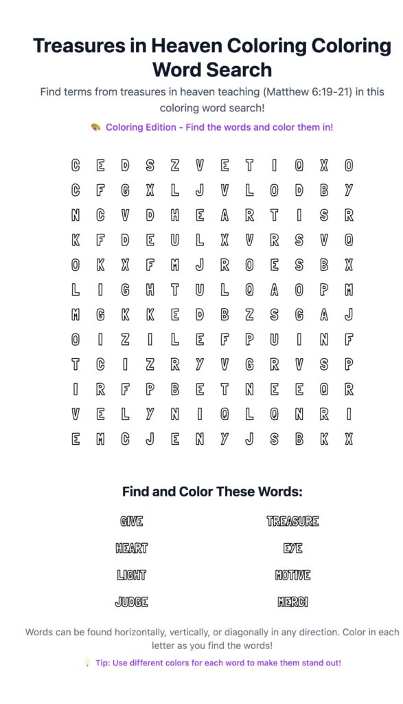 Treasures in Heaven Coloring Word Search - Free Bible Worksheets
