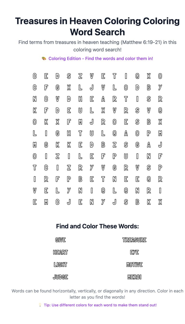 Treasures in Heaven Coloring Word Search - Free Bible Worksheets