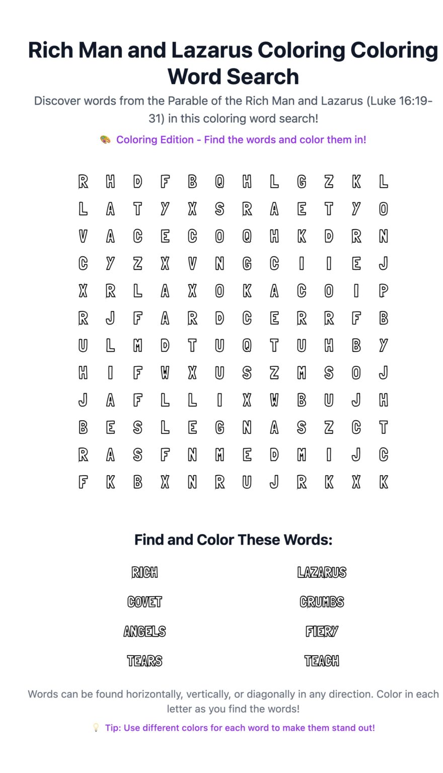 Rich Man and Lazarus Coloring Word Search