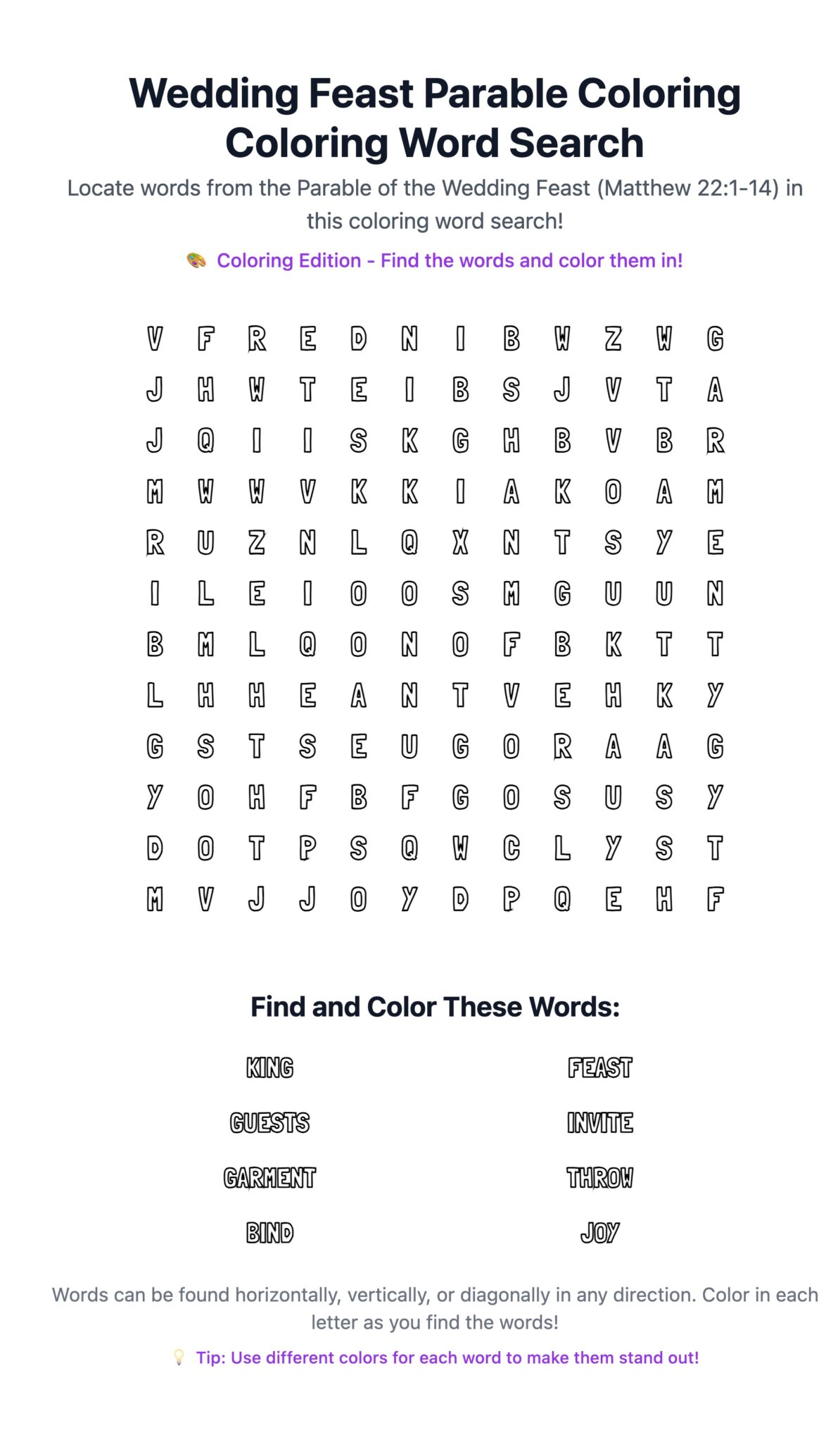 Wedding Feast Parable Coloring Word Search