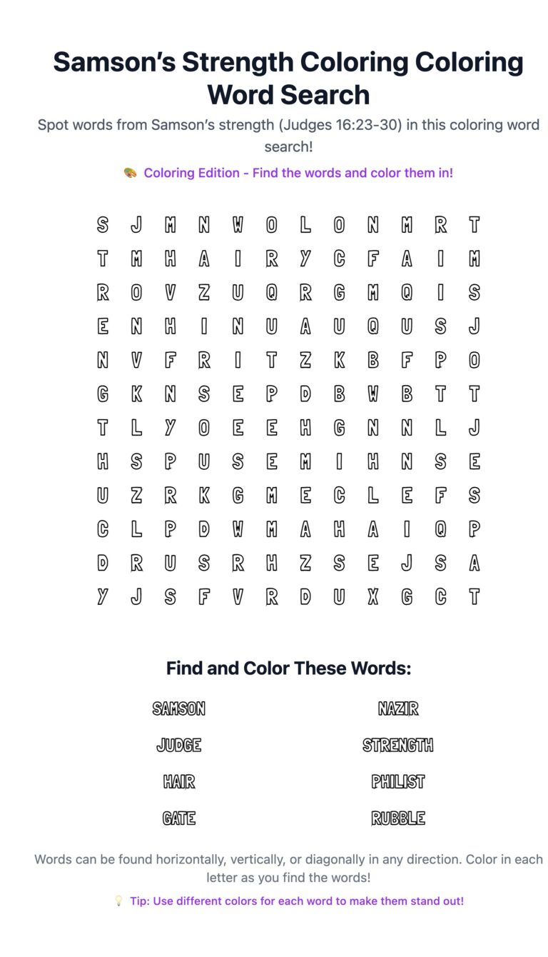 Samson’s Strength Coloring Word Search - Free Bible Worksheets