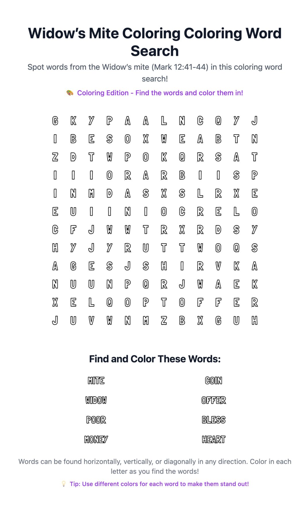 Widow’s Mite Coloring Word Search