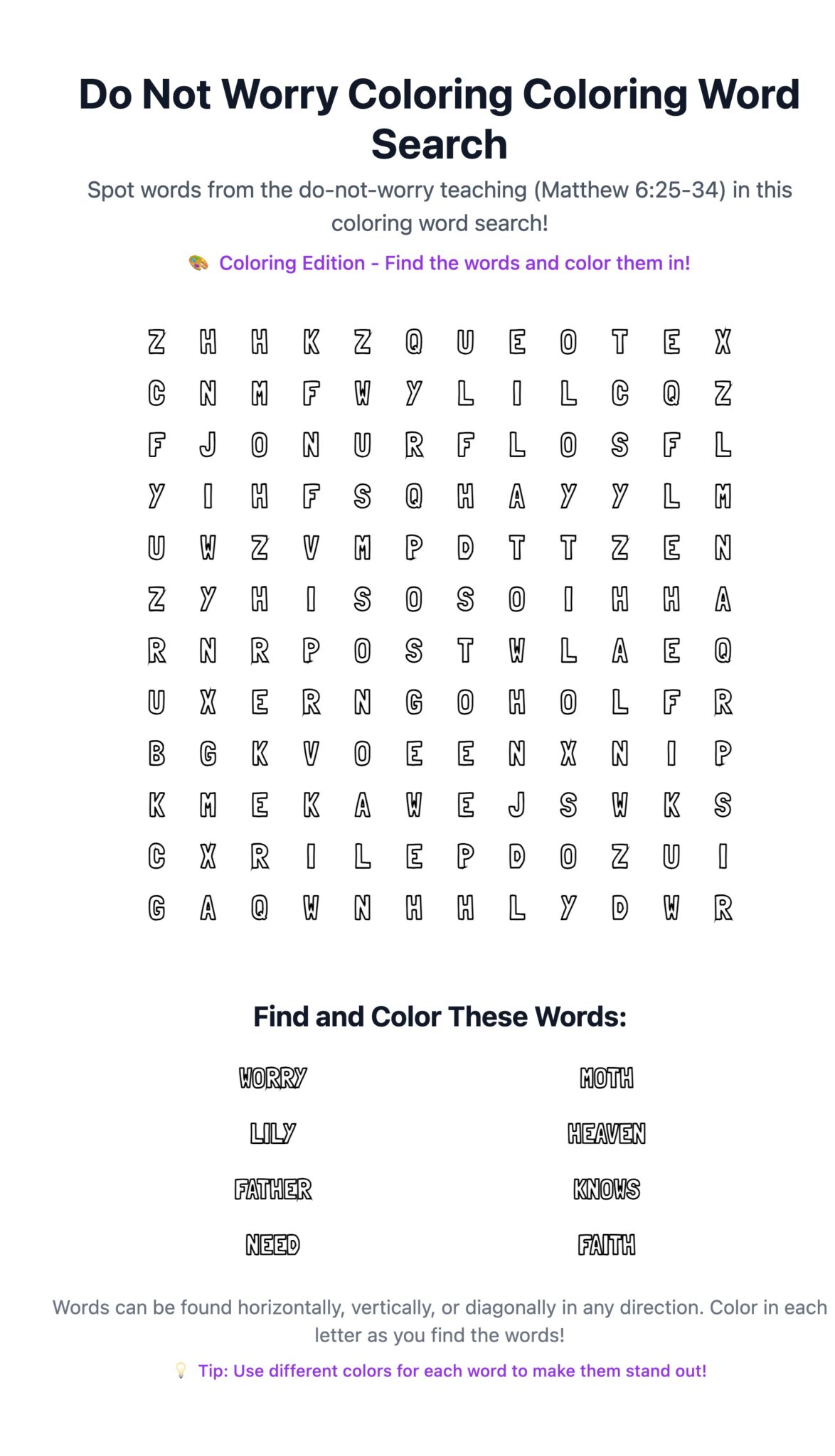 Do Not Worry Coloring Word Search - Free Bible Worksheets