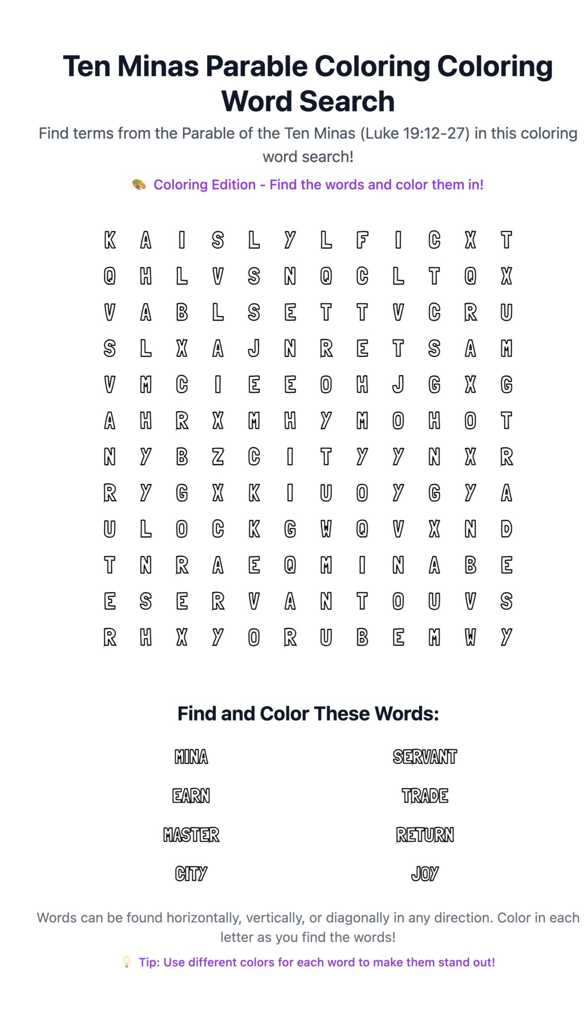 Ten Minas Parable Coloring Word Search