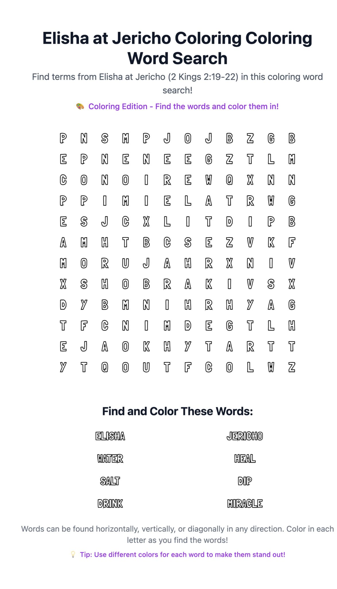 Elisha at Jericho Coloring Word Search