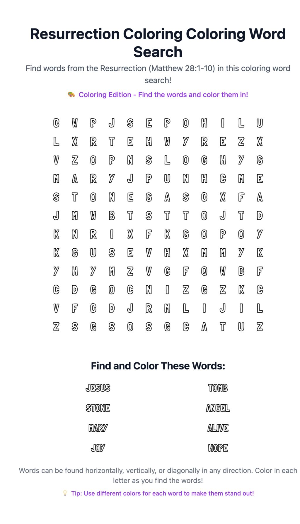 Resurrection Coloring Word Search