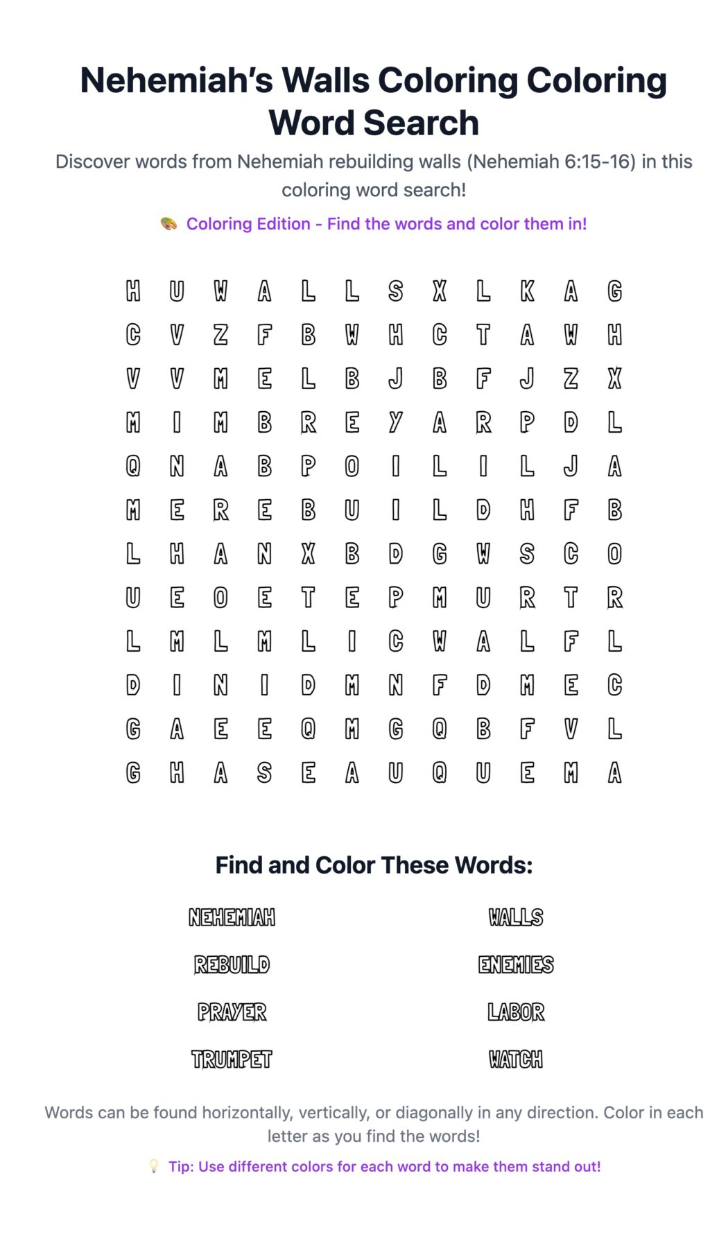 Nehemiah’s Walls Coloring Word Search - Free Bible Worksheets