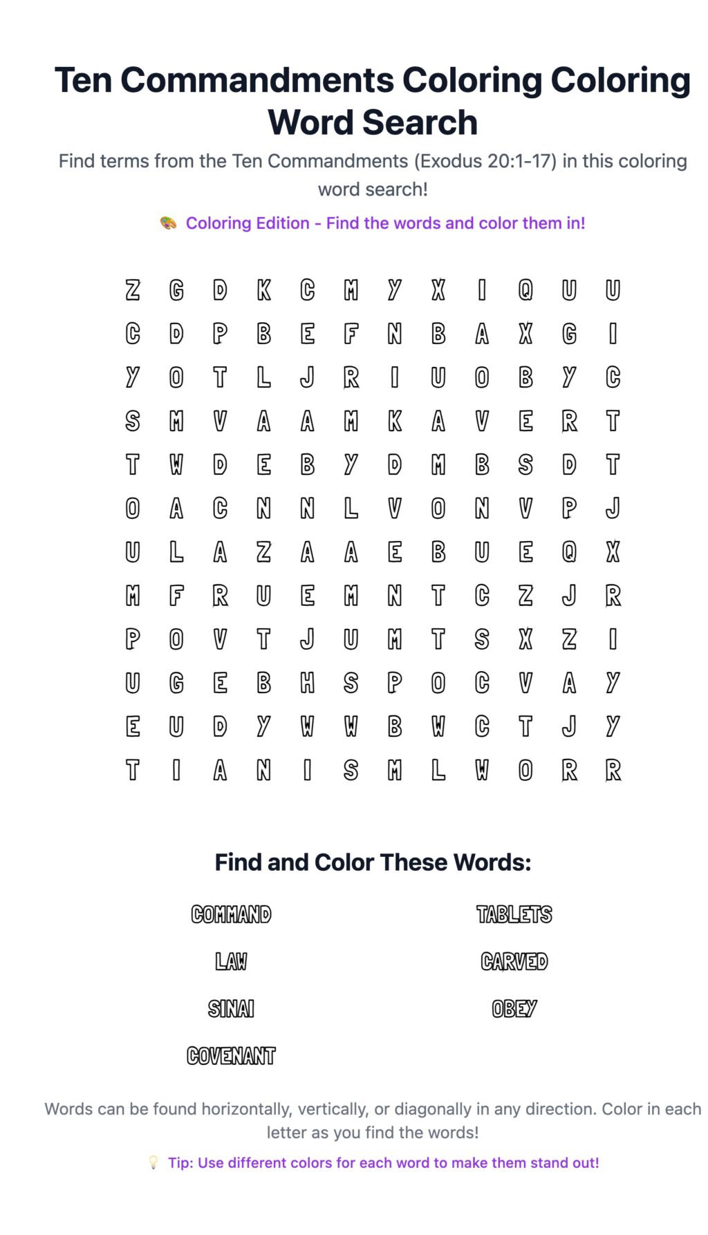 Ten Commandments Coloring Word Search
