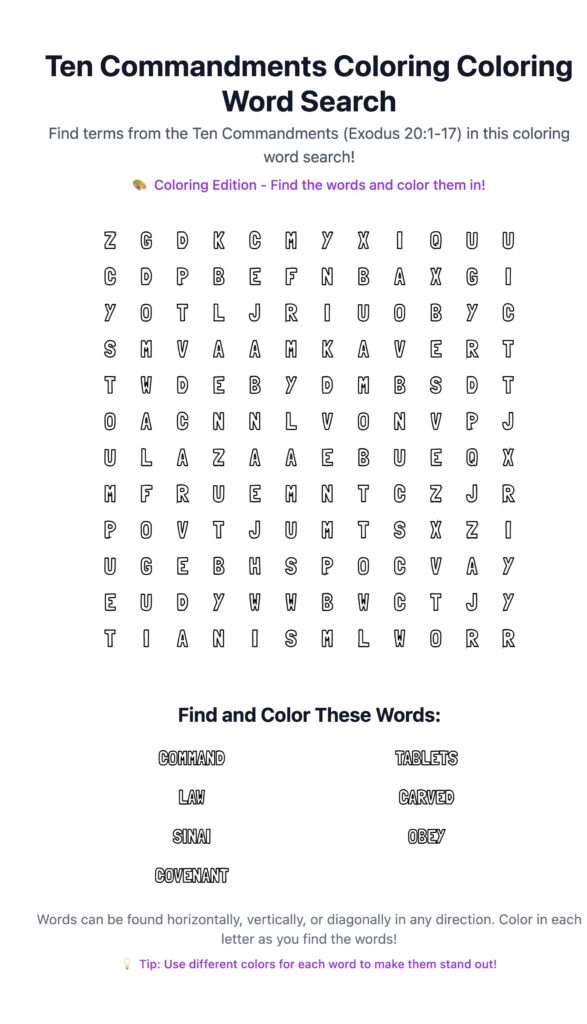 Ten Commandments Coloring Word Search