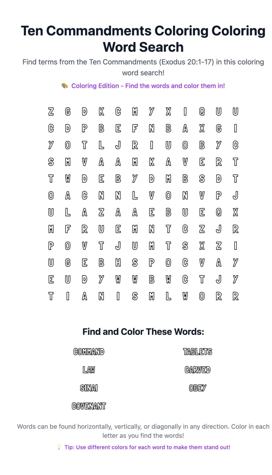 Ten Commandments Coloring Word Search